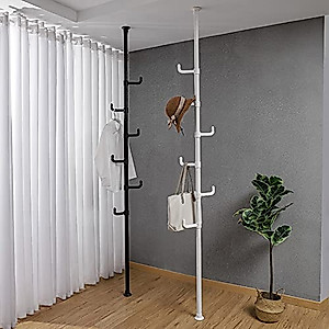 ADKINC Adjustable Laundry Pole 6-Tier Standing Clothes Drying Rack Coat Hanger DIY Floor to Ceiling Tension Rod Storage Organizer for Clothes, Hats, Bags, for Indoor, Balcony, Living Room, Bed Room