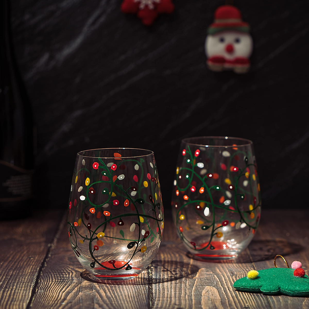 Themed Lights Stemless Wine & Water Glasses - Artisanal Hand Painted Ornament Light Bulbs Glasses - Xmas Tree - Set of 2, 17.5oz - Santa Festive Theme Stemless Glass