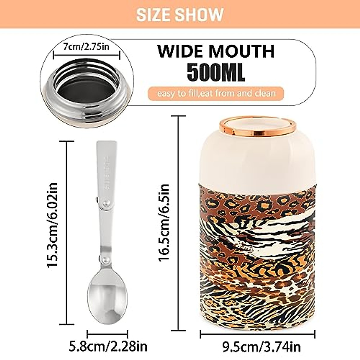 CUPADA Animal Skin Print Food Jar for Hot and Cold, Leopard Insulated Food Jars Vacuum 17OZ with Folding Spoon for Work Trip Picnic Camping