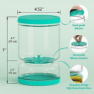 ForTidy Glass Pickle Jar with Strainer Flip - Airtight Olive Container with Silicone Lids, 50.72oz Kitchen Organization Must-Have Versatile Hourglass Jar, BPA-Free, Dishwasher Safe (Green)