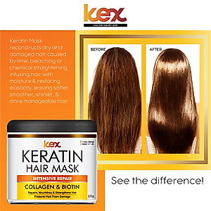 Keratin Hair Mask Made in USA with Natural Collagen & Biotin - Hair Repair Treatment for Dry & Damaged Hair and Growth - Save Color Treated Hair with Enriched Nourishment & Professional Care - 8 oz