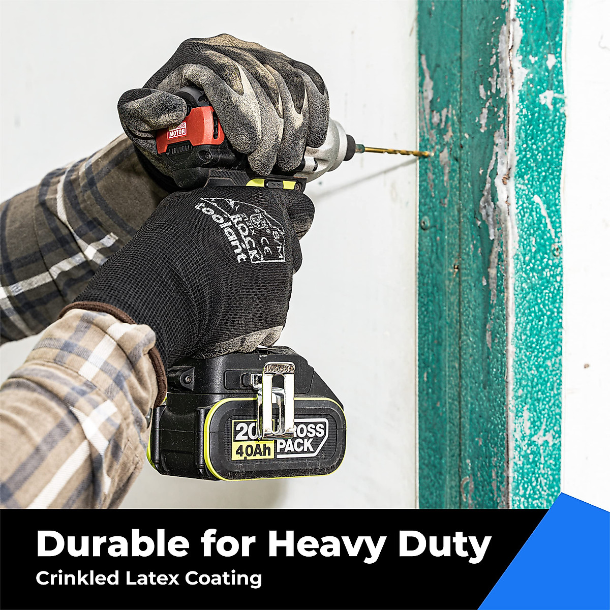 toolant Work Gloves Men, 12 Pairs Crinkle Latex Rubber Gloves for Construction, Gardening, Warehouse (Black, Medium)