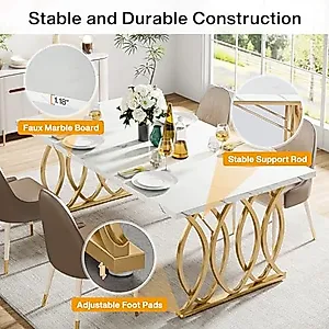 LITTLE TREE Modern Dining Table for 4-6 People, 63" Large Rectangular Kitchen Table with Faux Marble Tabletop and Geometric Legs, Unique Dinner Table Kitchen & Dining Room Furniture