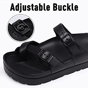 Goosecret Women's Platform Sandals with Arch Support Comfortable Foam Slip On Slides Lightweight Thick Soles | Adjustable Buckle | Ultra Cushion Black, 9-9.5