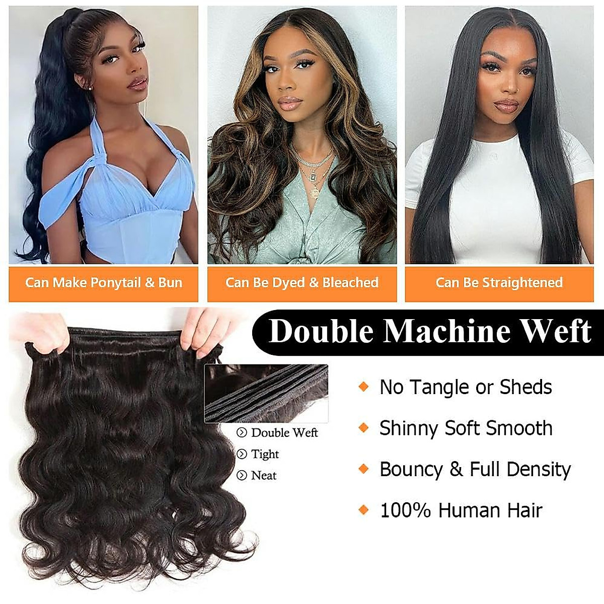 QTHAIR Brazilian Virgin Hair 16A Grade Body Wave Bundles 100% Unprocessed Virgin Brazilian Body Wavy Human Hair Bundles 20" 18" 16" 300g Brazilian Body Wave Human Hair Extensions