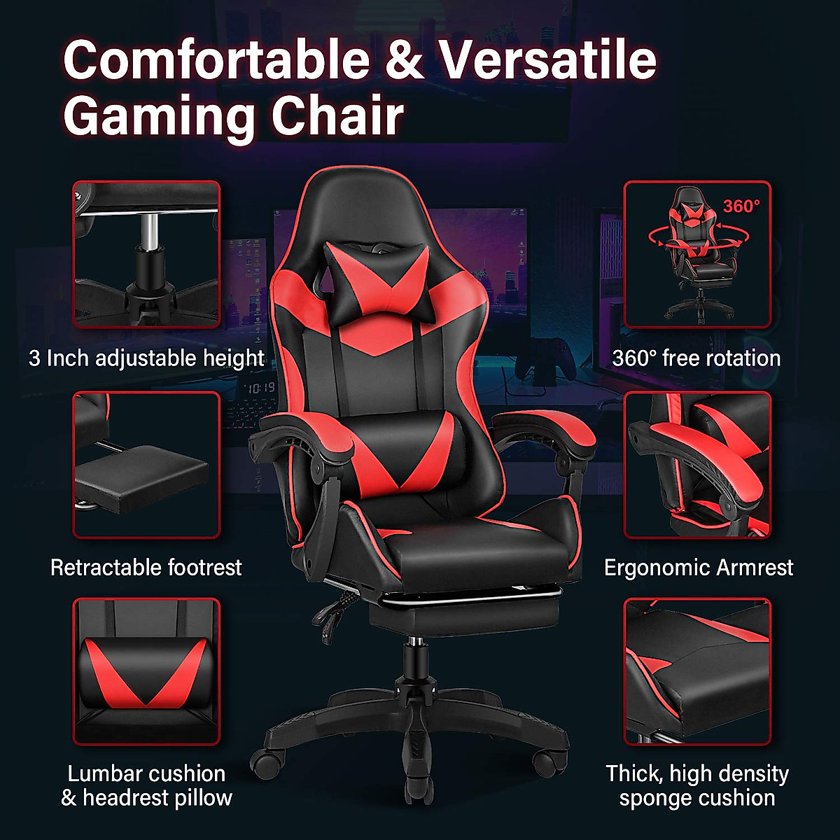 Gaming Chair,Ergonomic Office Chair,High Back Computer Chair,Adjustable Swivel Leather Desk Chair,Mesh Task Chair with Headrest and Lumbar Support