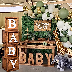 Baby Shower Decorations Baby Boxes with Letters, 4pcs Wood Baby Shower Brown Blocks with Printed BABY Letter, Gender Reveal Decorations, Woodland Baby Shower Girl Boy,Teddy Bear Theme Party