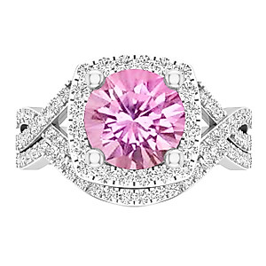 Dazzlingrock Collection 8 mm Round Lab Created Pink Sapphire & White Cubic Zirconia Women Split Shank Halo Wedding Ring Set, Sterling Silver, Size 6
