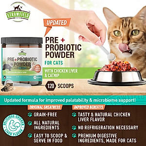 Strawfield Pets' Pre + Probiotic Powder for Cats with Catnip Probiotic for Cats Diarrhea Relief Supplement Natural Chicken Liver Flavor 120 Grams / 120 Scoops