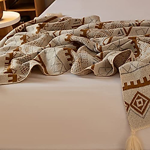 HT&PJ Knit Throw Blanket Boho Throw Blanket with Tassels Super Soft Warm Cozy Decorative Blanket for Bed, Sofa, Couch, Living Room All Seasons-Brown, 50"×60"