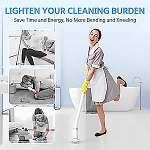 Electric Spin Scrubber, AKKTOL Cordless Cleaning Brush Up to 300RPM, 6 Replaceable Waterproof Brush Heads and Extension Arm, 1.5H Runtime Power Shower Scrubber for Bathroom, Tub, Tile, Floor, Wall