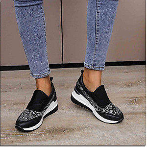 Women's Casual Shoes Fashion Rhinestones Platform Wedge Slip-on Sneakers Classic Comfort Low Top Walking Booties Black