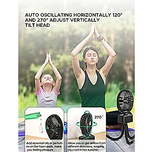 Oscillating Stroller Fan with LED Lantern, 5000mAh Battery Operated Rechargeable Camping Fan with Flexible Tripod Clip On Stroller, 3 Wind Speeds & LED Light