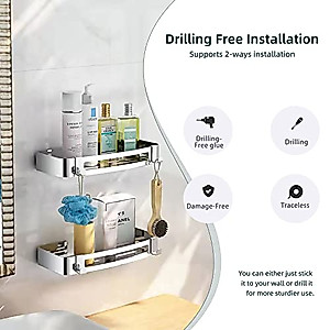 Noele Shower Caddy Organizer Shelves 2 Packs, No Drilling Adhesive Storage Basket with Removable Hooks, SUS304 Stainless Steel Rustproof Shower Rack for Bathroom Kitchen, Silver