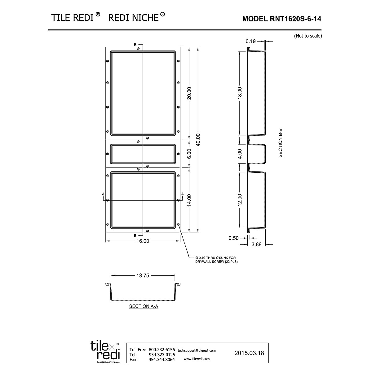Redi Niche Triple Niche Recessed Shower Shelf- Black, Three Inner Shelves, 16-Inch Width x 40-Inch Height x 4-Inch Depth