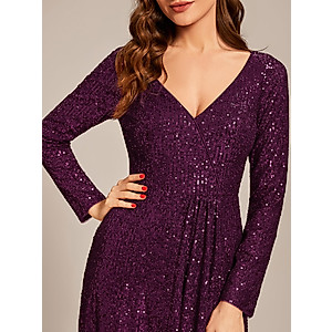 Ever-Pretty Women's Sexy Deep V-Neck Long Sleeves Slit Sequin Cocktail Dresses Dark Purple US10
