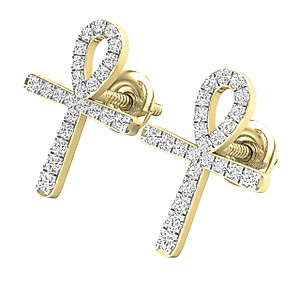 Dazzlingrock Collection - 0.25 Carat (ctw) Round White Diamond Ladies Ankh Cross Stud Earrings 1/4 CT, 10K Yellow Gold
