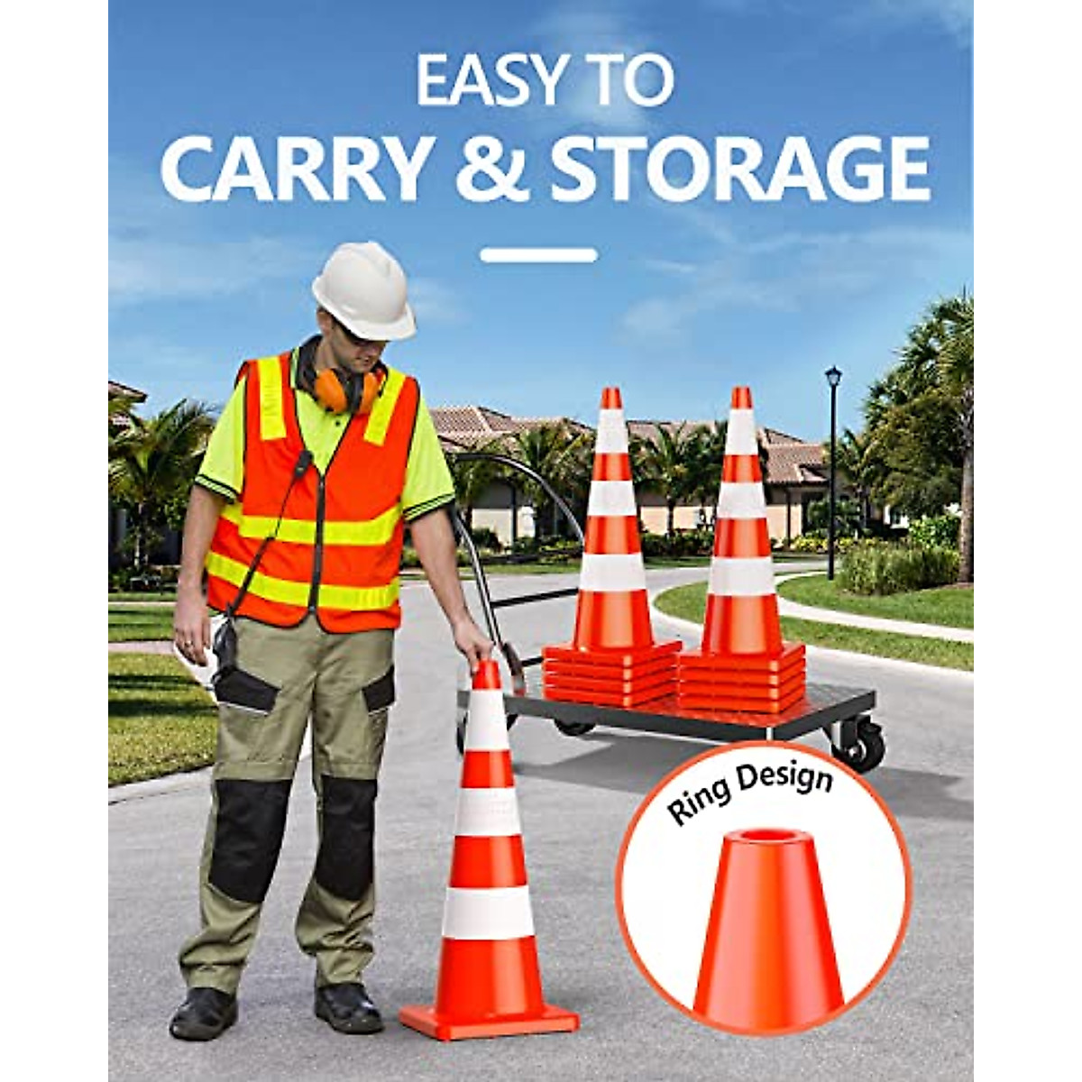 BATTIFE 36" Inch Traffic Safety Cones | 6Pack PVC Cone with Reflective Collars | Weighted Orange Construction Cones for Building Road Driveway Parking Use