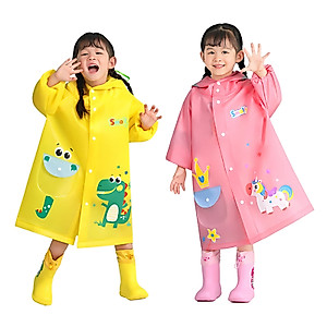 Kids Raincoat Boys Girls Rain Jacket Hooded Dinosaur Poncho Waterproof Coat Outdoor Sports,Yellow S, 2-3T