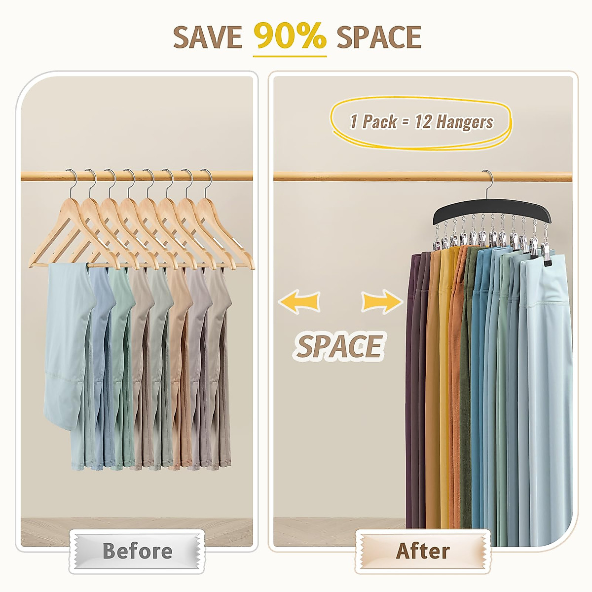 HOMEBROS Legging Organizer for Closet, HOMEBROS 2 Packs Wooden Closet Leggings Hanger Organizer with 24 Clips Space Saving Multi Clip Hanger with 360° Swivel Hook for Pants Scarfs Hats - Black