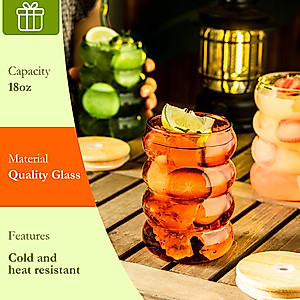 KEMORELA Vibrant 4-Piece Colorful Drinking Glasses Set - 18oz Glassware for Iced Coffee, Water, Mixed Drinks | Includes Lid, Glass Straw, and Cleaning Brushes | Ribbed Design (4PCS-Colorful)