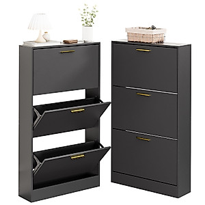 LYNSOM Shoe Cabinet, Free Standing Tipping Bucket Shoe Rack Organizer with 3 Flip Drawers, Modern Entryway Shoe Storage with Top Display, Narrow Slim Hidden Shoe Cabinet (Black)