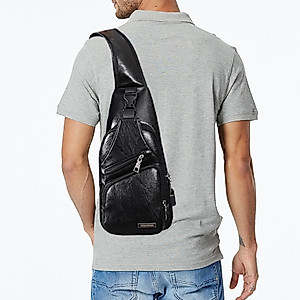 Seoky Rop Men's Leather Sling Bag Chest Crossbody Shoulder Bag with USB Charging Port Black