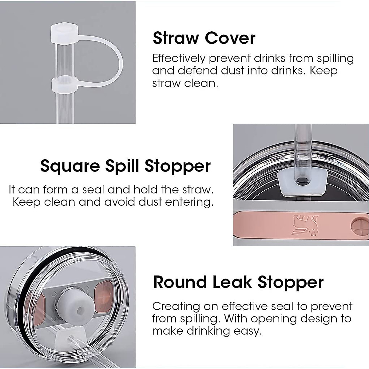 Silicone Spill Proof Stopper for Stanleys Cup 2.0 40oz/ 30oz, Including 2 Straw Cover Caps, 2 Square Spill Stopper and 2 Round Leak Stopper, Tumblers Accessories (for Stanleys Cup 2.0)