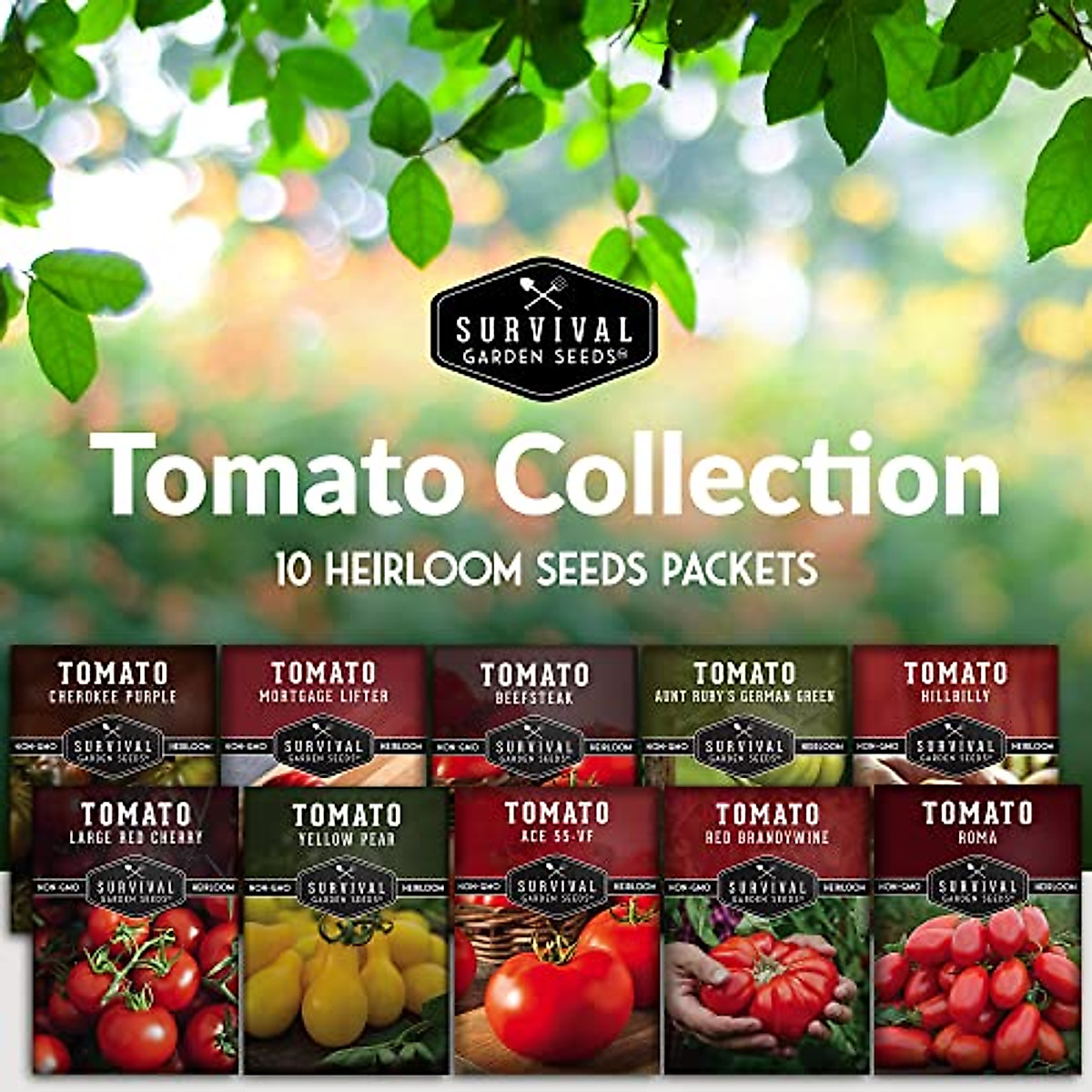 Survival Garden Seeds 10 Tomato Collection - Cherokee Purple, Roma, Red Cherry, Aunt Ruby's Green, Hillbilly, Yellow Pear, Mortgage Lifter, Red Brandywine, Ace 55-10 Packs Non-GMO Heirloom Tomatoes