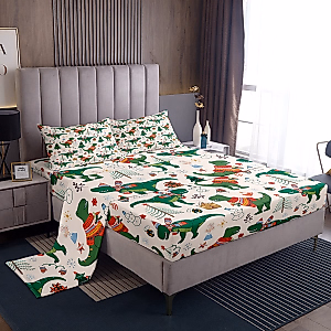 Christmas Sheet Set for Kids Boys Girls Cartoon Dinosaur Christmas Tree Sheets with Deep Pocket Fitted Sheet Snowman New Year Bed Sheets Set Bedroom Decor Xmas Theme Bedding Set Full Size 4Pcs