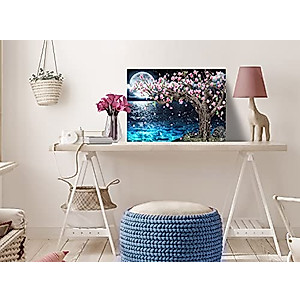 Magnolia Tree Wall-Art For Bedroom - Pink And Blue Wall Decor - Moon Framed Canvas Art Picture 16" x 12"