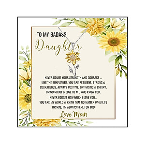 To My Badass Daughter Gift From Mom Sunflower Necklace for Women, 925 Sterling Silver and Real Gold Cubic Zirconia Sunflower Pendant with Sentimental Message Card, From Mom Mommy, White