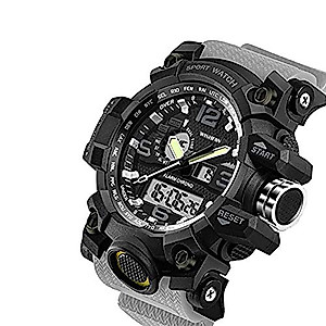 WISHFAN Men’s Military Watch, Dual-Display Waterproof Sports Digital Watch Big Wrist for Men with Alarm (Grey)