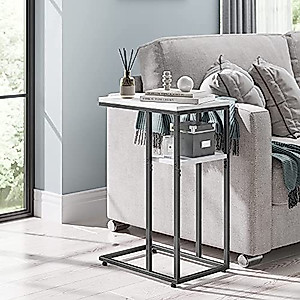 CubiCubi C Shaped End/ Side Table for Couch and Bed, Living Room Bedroom, Small Rustic Table with Metal Frames, Modern Design, White