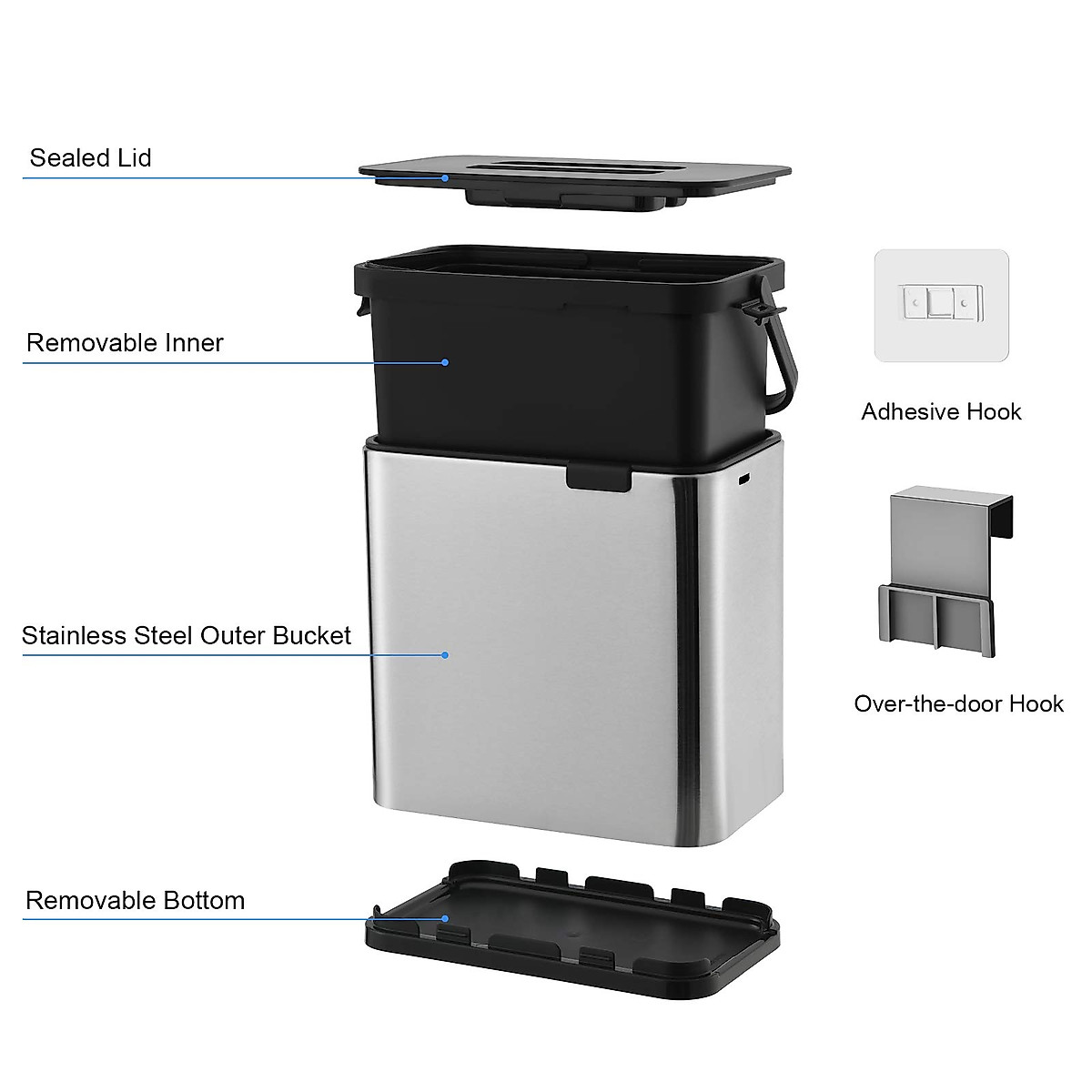 0.8GAL Compost Bin Indoor Kitchen Sealed by SUBEKYU, Stainless Steel Small Hanging Trash Can with Lid for Cabinet Door, Metal Compost Bucket and Garbage Can for Under Sink/Wall Mounted/Countertop