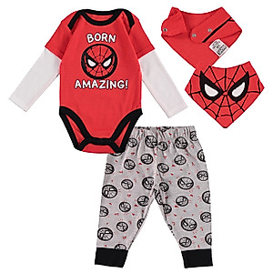 Marvel Baby Boys' Spiderman Bodysuit with Pull-on Pants and Matching Accessory 3 Piece Set - Marvel Avengers Baby Boy's Outfit (Red/Blue/Grey, 6-9 Months)