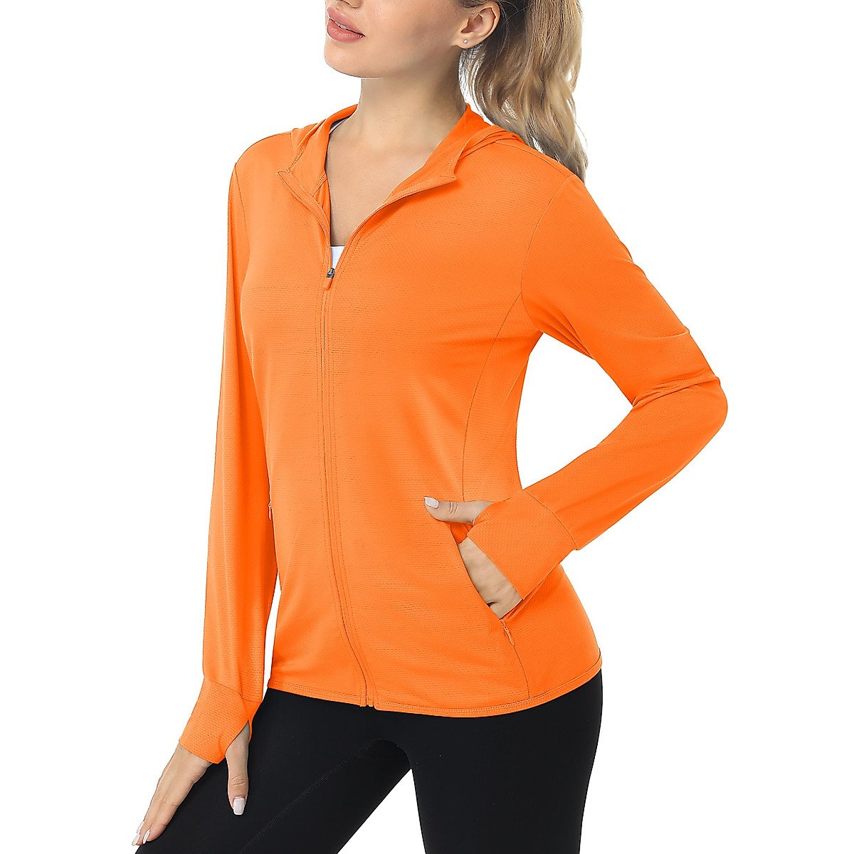 MAGCOMSEN Long Sleeve Hooded Jacket for Women SPF 50 Sun Shirt Performance Hoodie with Pockets Running Active Wear, Orange, L