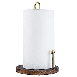 MyGift Modern Brass Tone Metal Countertop Paper Towel Holder with Burnt Solid Wood Base, Hand Paper Towel Roll Dispenser Rack