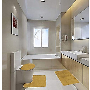 GorgeousHomeLinen(#5) 3pc Gold Elegance Floral Bathroom Mat Set with Contour Mat Toilet Lid Cover and Bath Mat