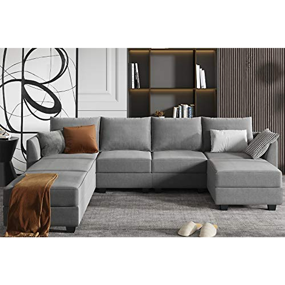 HONBAY Modular Sectional Sofa U Shaped Sectional Couch with Ottomans Reversible Modular Sofa 7 Seater Couch with Storage Seat, Grey