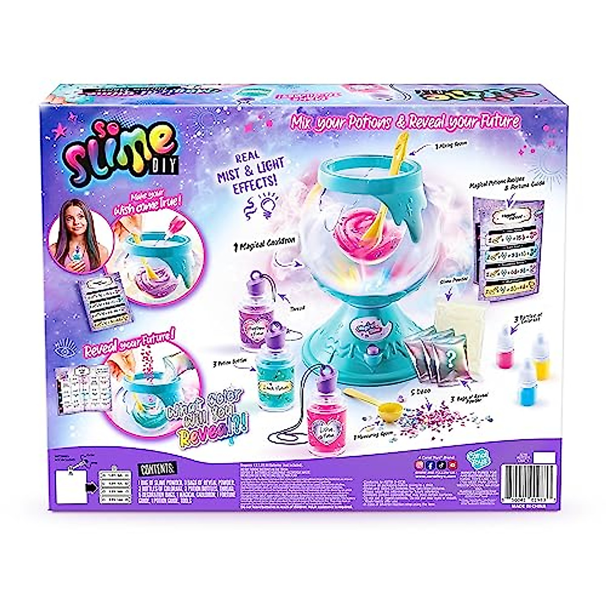 So Slime DIY Magical Slime Potion Maker Cauldron; Make your own Slime Potions; Mist and Light Effects; Makes 10 Slimes; Just add Water; Fill Mini Potion Bottles to Wear or Share; Discover your Fortune