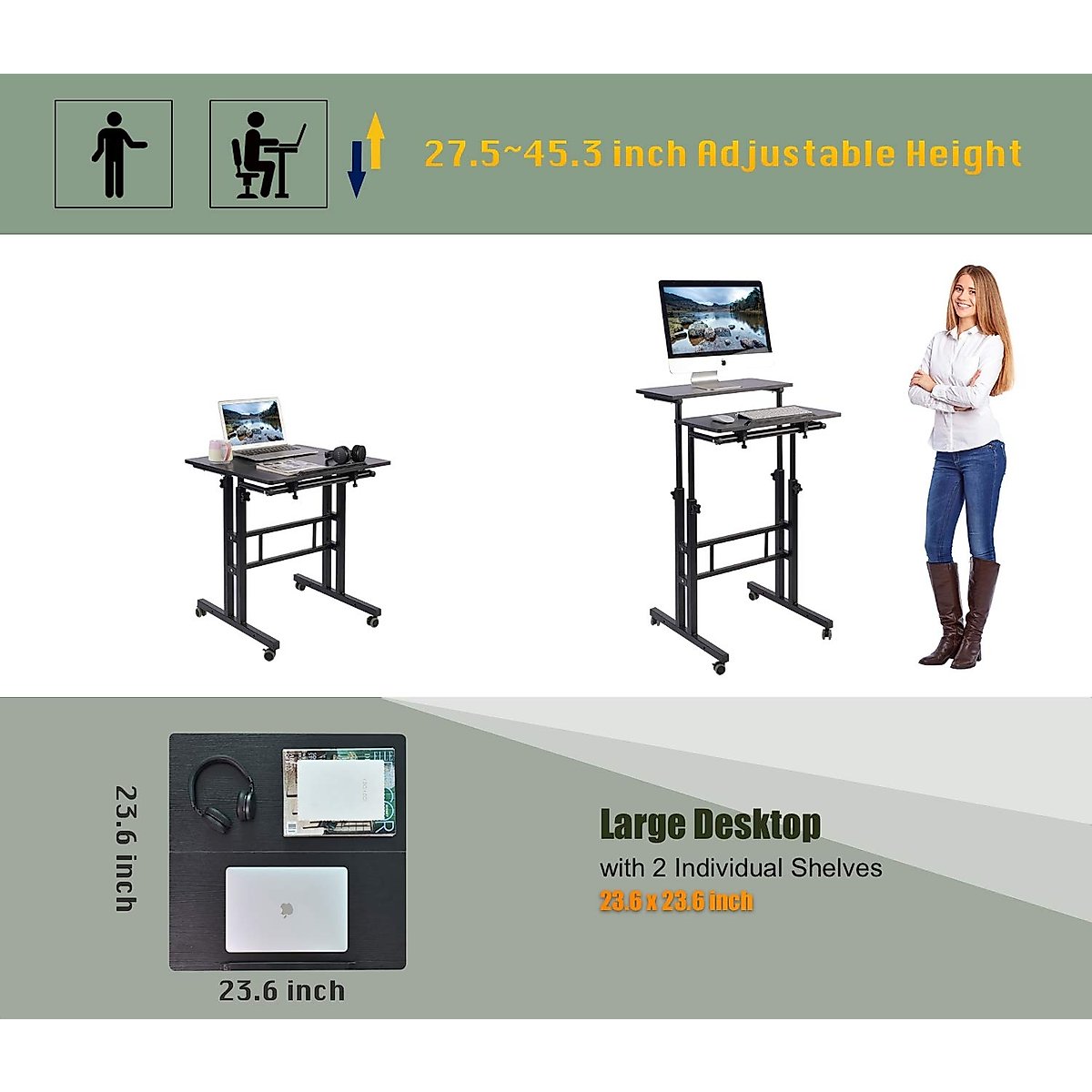 AIZ Mobile Standing Desk, Adjustable Computer Desk Rolling Laptop Cart on Wheels Home Office Computer Workstation, Portable Laptop Stand for Small Spaces Tall Table for Standing or Sitting, Black