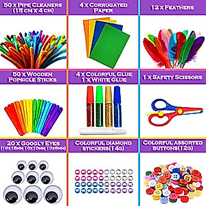 MOISO Kids Crafts and Art Supplies Jar Kit - 560+ Piece Set - Make Bracelets and Necklaces - Plus Glitter Glue, Construction Paper, Colored Popsicle Sticks, Google Eyes, Pipe Cleaners…