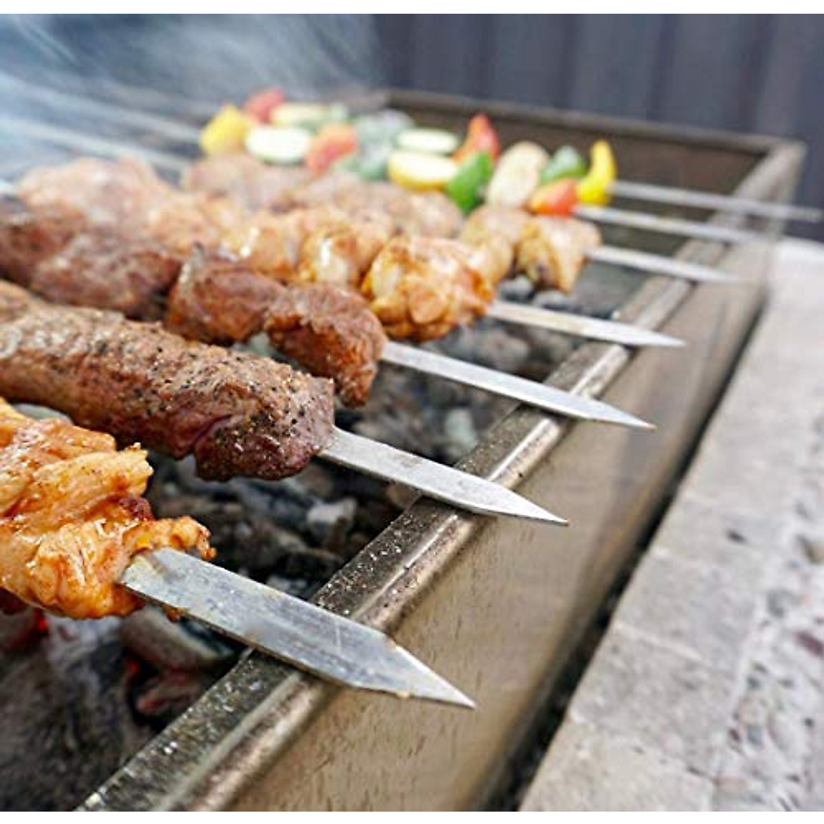 Antallcky 12 Pack Kabob Skewers BBQ Barbecue Skewers Stainless Steel Sticks Heavy Duty Large Wide Reusable with Nonslip Ring Handle Ideal for Shish Kebab Chicken Shrimp and Vegetables (22 inch)