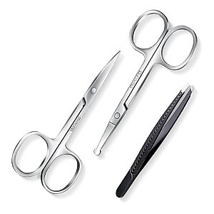 Facial Hair Small Grooming Scissors for Men Women-Curved and Rounded Nose Hair, Eyebrow, Mustache, Eyelashes, Beard Trimming Scissors Kit-Safety Blunt Tip Baby Nail Scissors with Eyebrow Tweezers Set