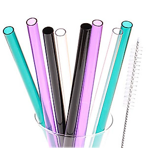 Dakoufish 9" Wide Mouth Reusable Plastic Replacement Drinking Straws for Milkshake,Smoothie Set of 8 with Cleaning Brush (9inch，4color)