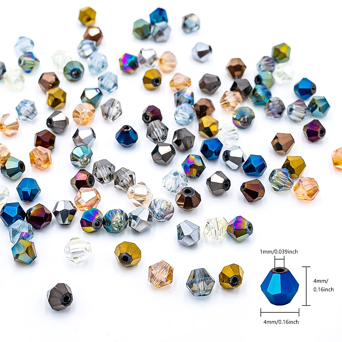 JEBBO 1800pcs 4mm Bicone Glass Beads, Bulk Small Faceted Bicone Crystal Beads for Jewelry Making DIY Craft Bracelet Necklace Earring with Container Box (15 Plated Metallic Colors)