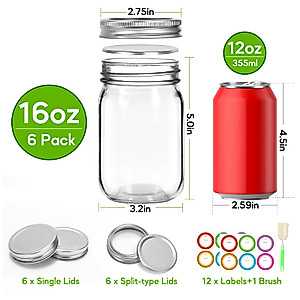 Mcupper 6 Pack Mason Jars 16 oz with Lids, Canning Jars with 6 Split-Type Lids and EXTRA 6 Single Lids, Regular Mouth Mason Jar, Labels & Brusher Included - Microwave & Dishwasher Safe