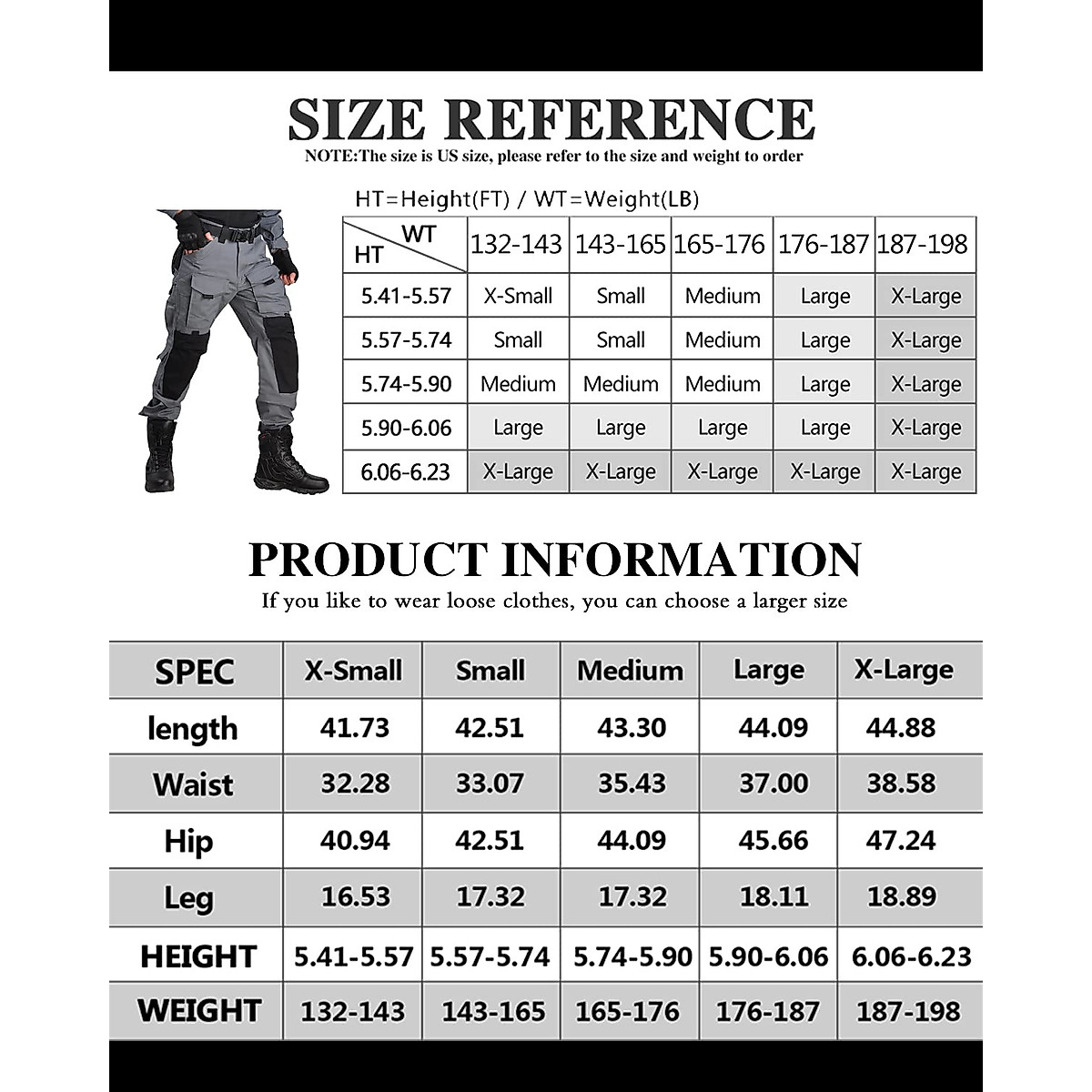 HAN·WILD Men's Combat Pants Tactical Military Pant with Knee Pads Airsoft Hiking Trousers Gray