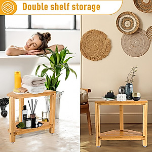 IBosins Corner Shower Stool Shower Foot Rest for Shaving Legs Small Shower Bench for Inside Shower to Sit on Bath Stool with Storage Shelf Shower Accesories (Bamboo Wood)